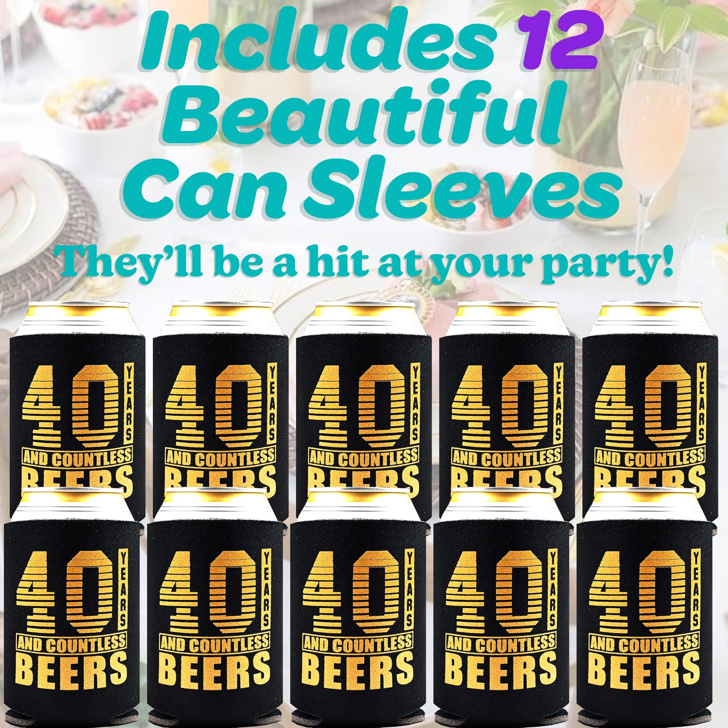 Happy 40th Birthday Insulated Can Cover 12 Pack - Birthday Favors for Men and Women - Printed on Both Sides Fits All Cans and Bottles - Thermocooler Beverage Sleeve - Black & Gold (Original, Regular)