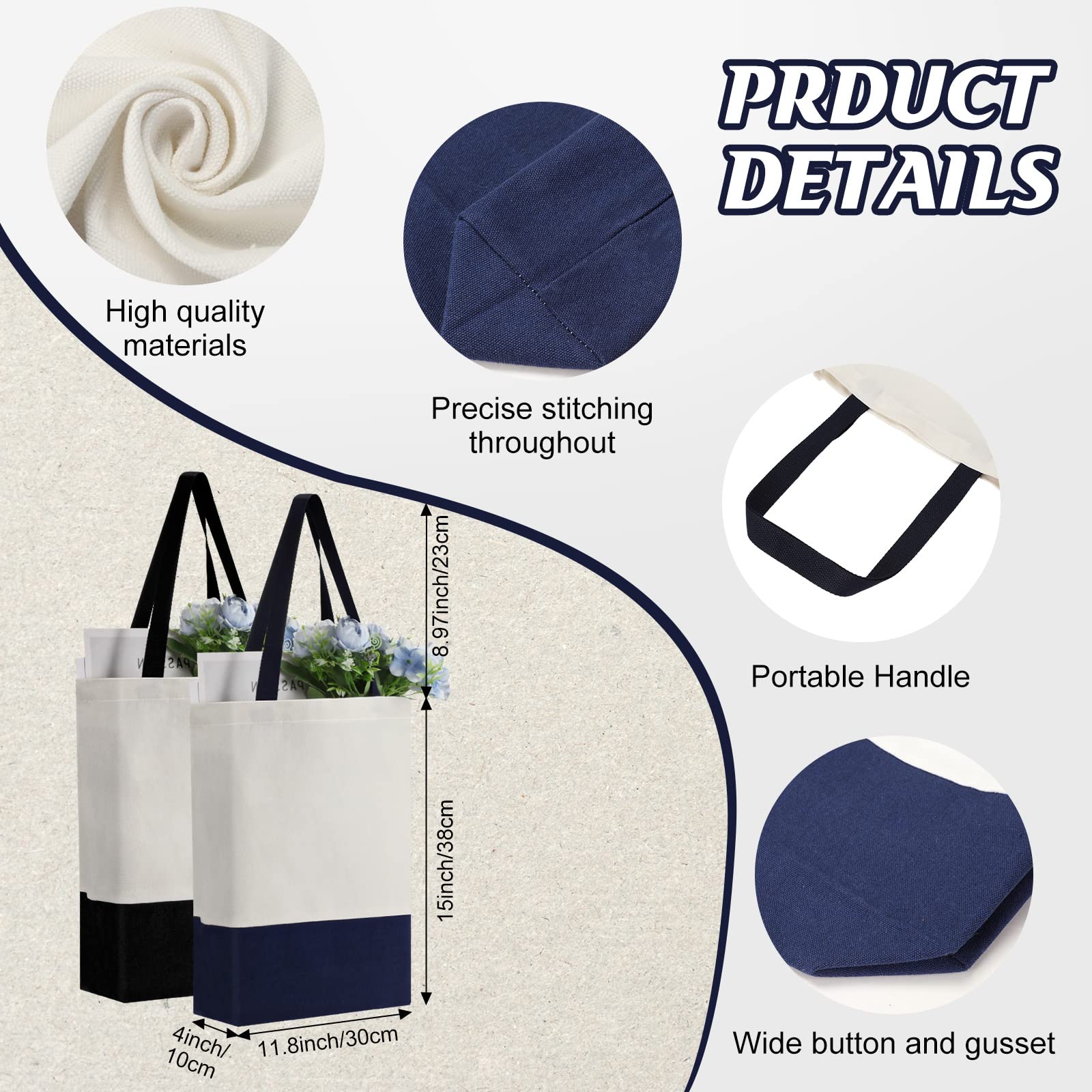 30 Pcs Large Canvas Tote Bag Bulk Reusable Grocery Shopping Bags with Handles Blue and Black Canvas Bag DIY Tote Bags for Bridal Wedding Gift Travel Work Beach Store, 15 x 3.9 x 13 Inch