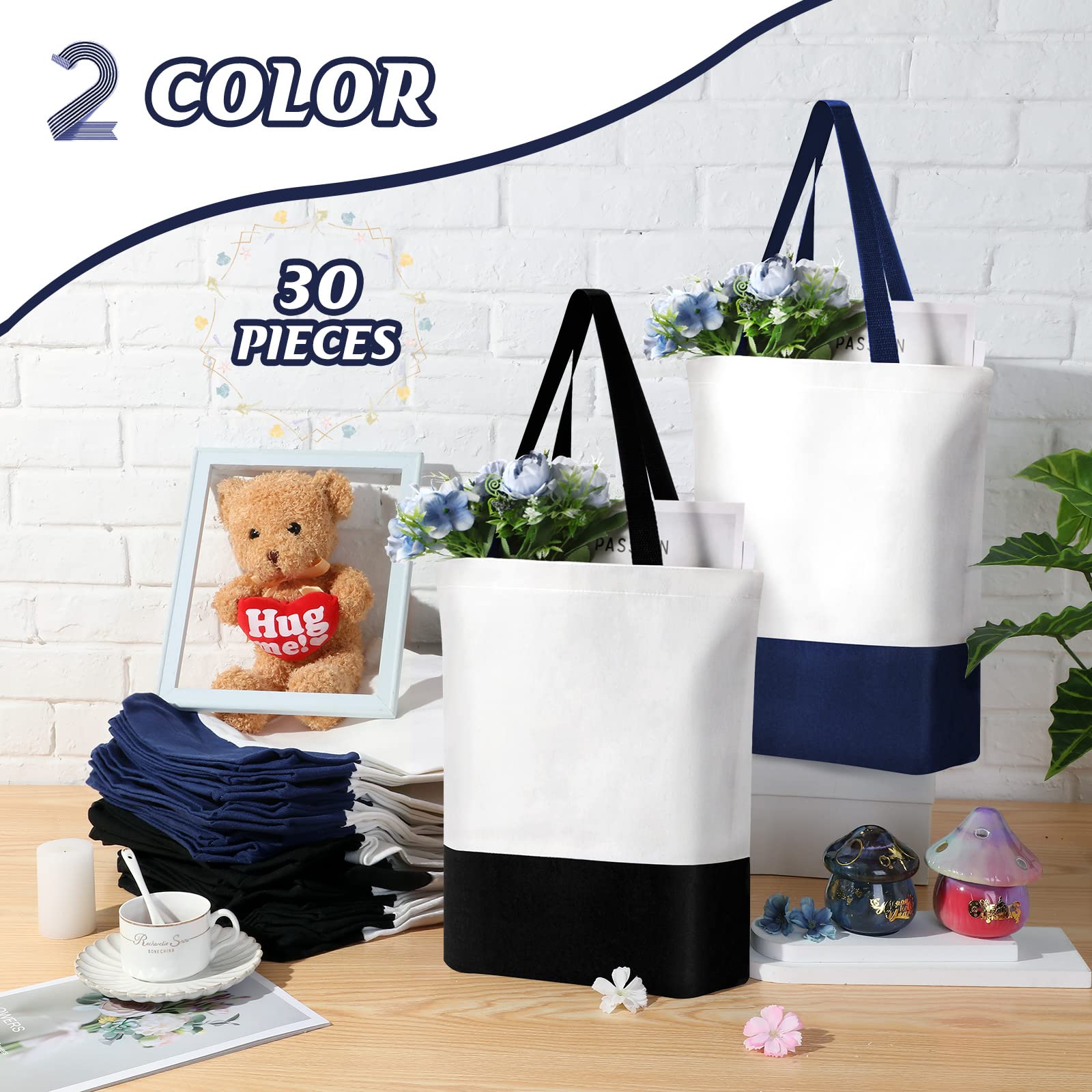 30 Pcs Large Canvas Tote Bag Bulk Reusable Grocery Shopping Bags with Handles Blue and Black Canvas Bag DIY Tote Bags for Bridal Wedding Gift Travel Work Beach Store, 15 x 3.9 x 13 Inch