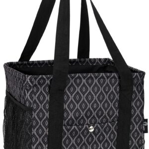 Pursetti Small Utility Tote Bag for Women with 4 Exterior Pockets - Perfect as Lunch Tote, Reusable Grocery Bags, Shopping Bags, Work Bag, Teacher Bag, and Nurse Bag (Black Trellis)