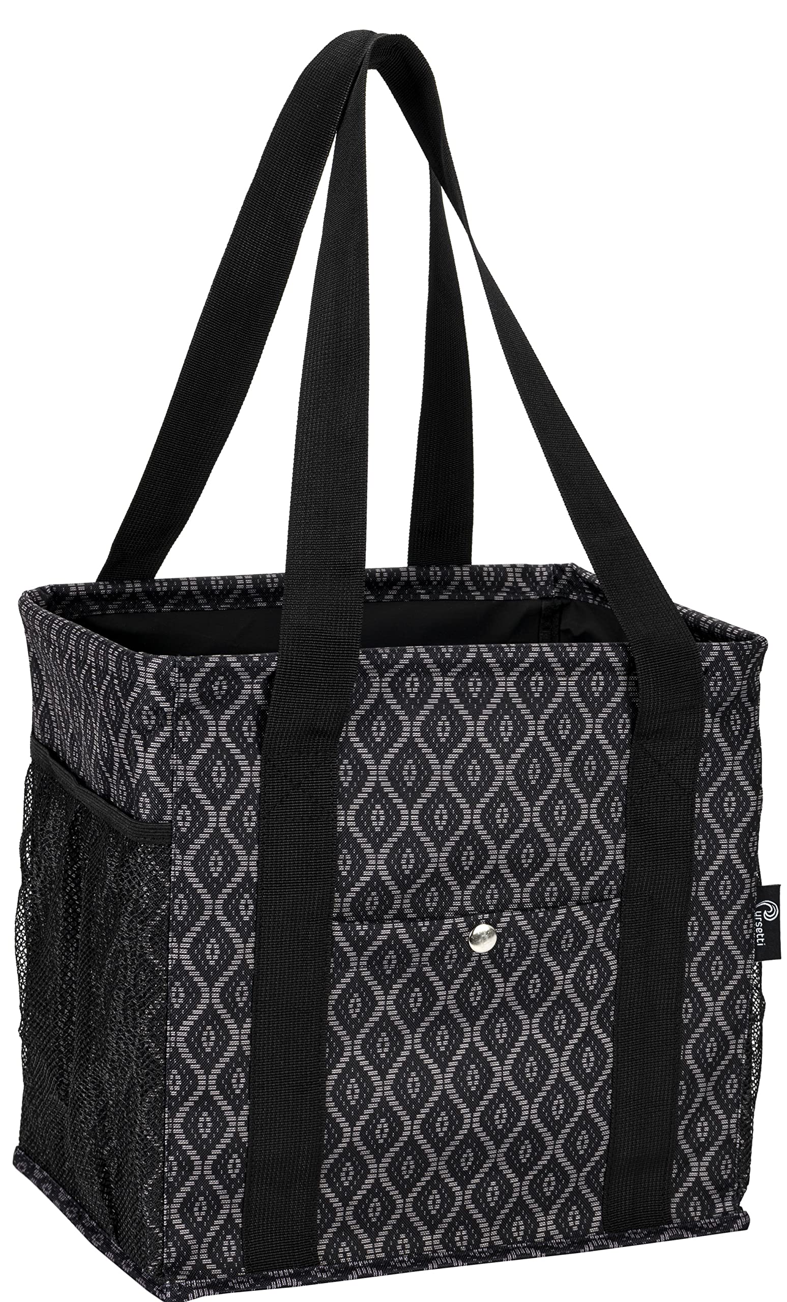 Pursetti Small Utility Tote Bag for Women with 4 Exterior Pockets - Perfect as Lunch Tote, Reusable Grocery Bags, Shopping Bags, Work Bag, Teacher Bag, and Nurse Bag (Black Trellis)