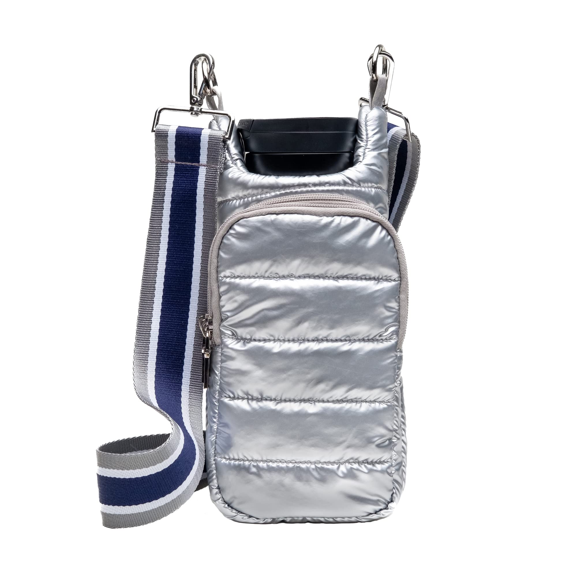 WanderFull Crossbody HydroBag | Quilted Water Bottle Carrier & Strap | Stylish Puffer Tote for Water Bottle | Silver Metallic & Interchangeable Striped Strap