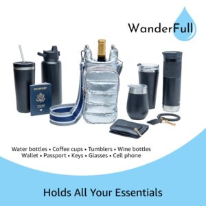 WanderFull Crossbody HydroBag | Quilted Water Bottle Carrier & Strap | Stylish Puffer Tote for Water Bottle | Silver Metallic & Interchangeable Striped Strap