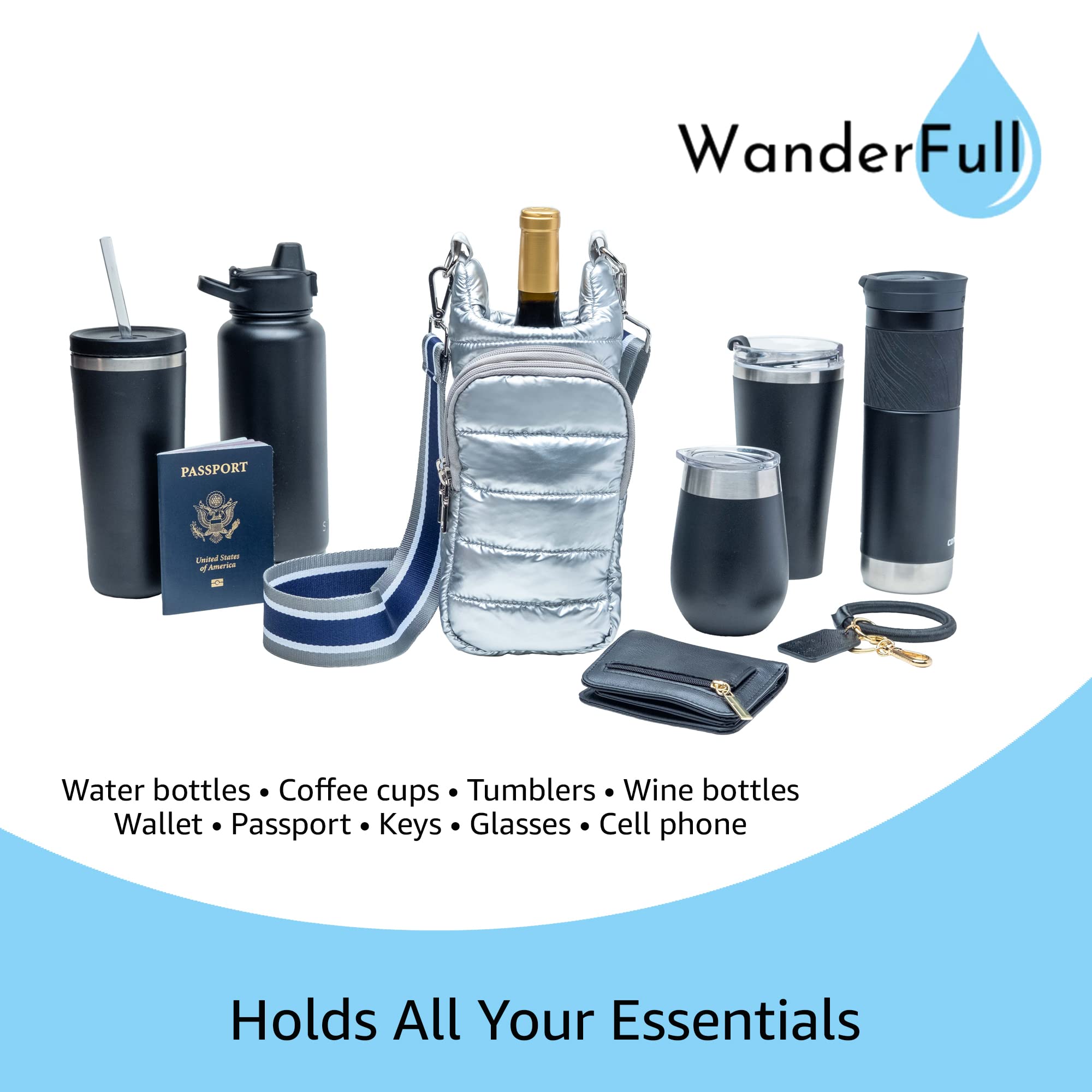 WanderFull Crossbody HydroBag | Quilted Water Bottle Carrier & Strap | Stylish Puffer Tote for Water Bottle | Silver Metallic & Interchangeable Striped Strap