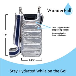 WanderFull Crossbody HydroBag | Quilted Water Bottle Carrier & Strap | Stylish Puffer Tote for Water Bottle | Silver Metallic & Interchangeable Striped Strap