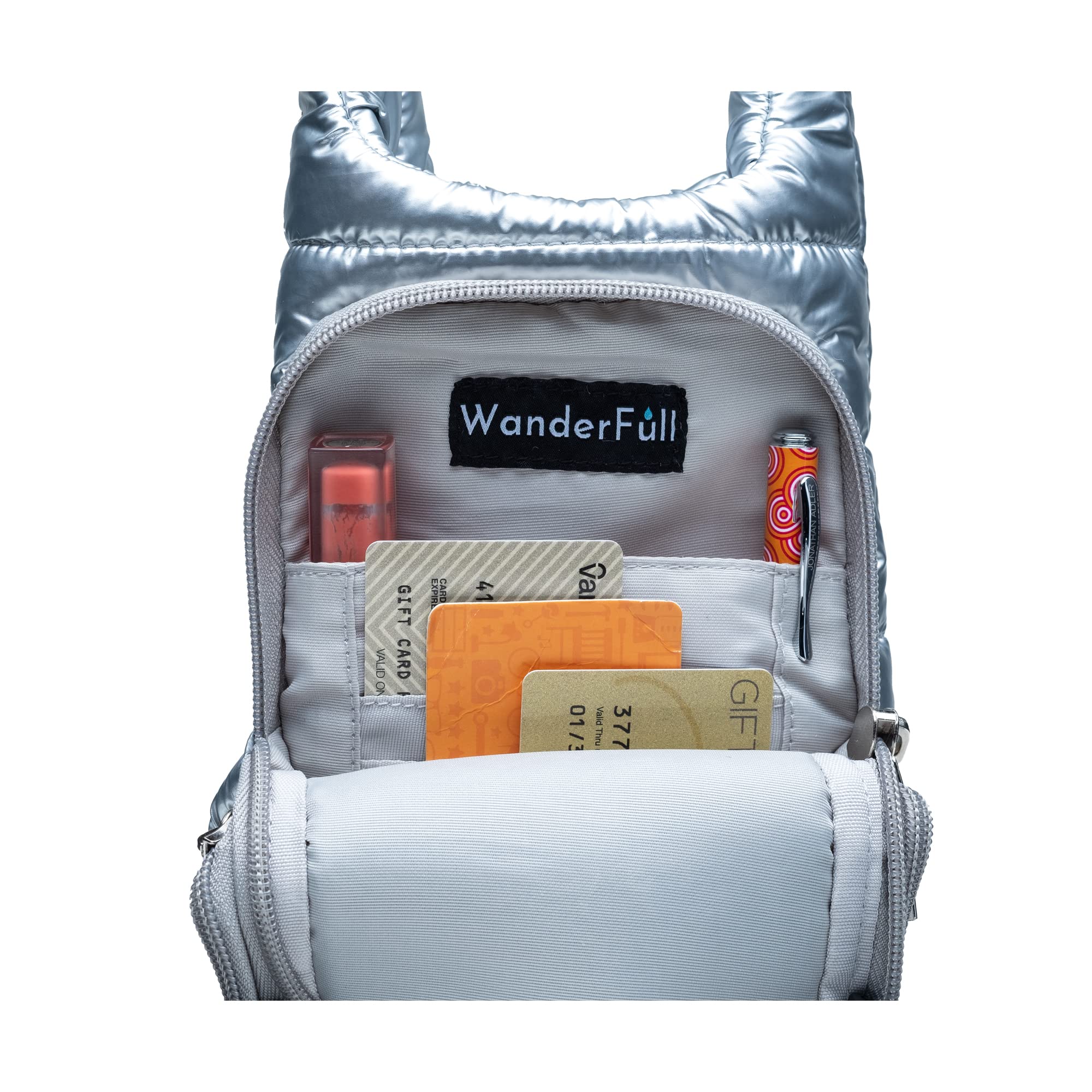 WanderFull Crossbody HydroBag | Quilted Water Bottle Carrier & Strap | Stylish Puffer Tote for Water Bottle | Silver Metallic & Interchangeable Striped Strap