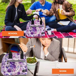 opux Insulated Lunch Box Women, Lunch Bag Tote Girls Kids Teen Adult, Cute Soft Lunch Cooler Container Work School, Reusable Thermal Food Meal Prep Organizer Lunch Pail Travel Beach, Floral Purple