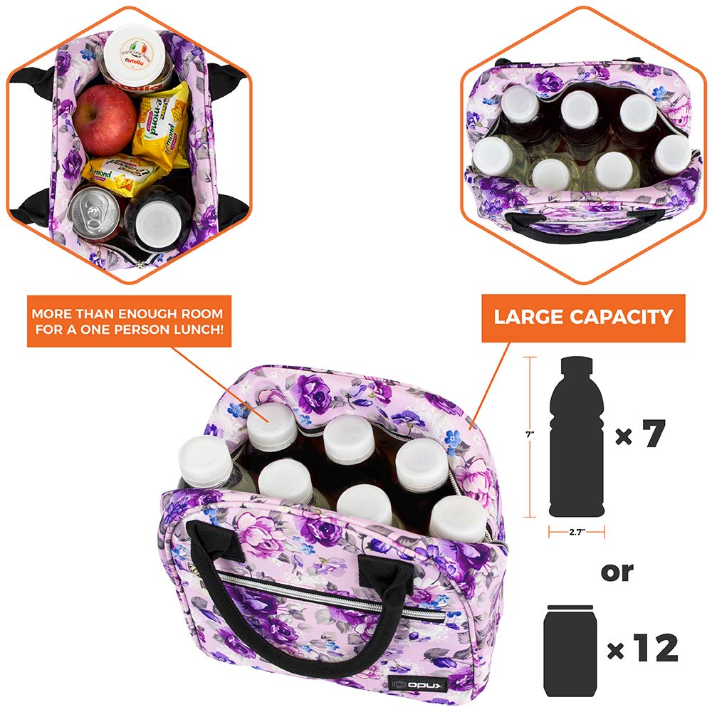 opux Insulated Lunch Box Women, Lunch Bag Tote Girls Kids Teen Adult, Cute Soft Lunch Cooler Container Work School, Reusable Thermal Food Meal Prep Organizer Lunch Pail Travel Beach, Floral Purple