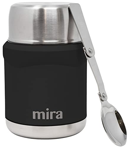 MIRA Thermos for Hot Food & Soup - 15 oz Insulated Food Jar with Foldable Spoon - Leak Proof Stainless Steel Thermal Storage Lunch Container, Canteen, Double Walled, Black