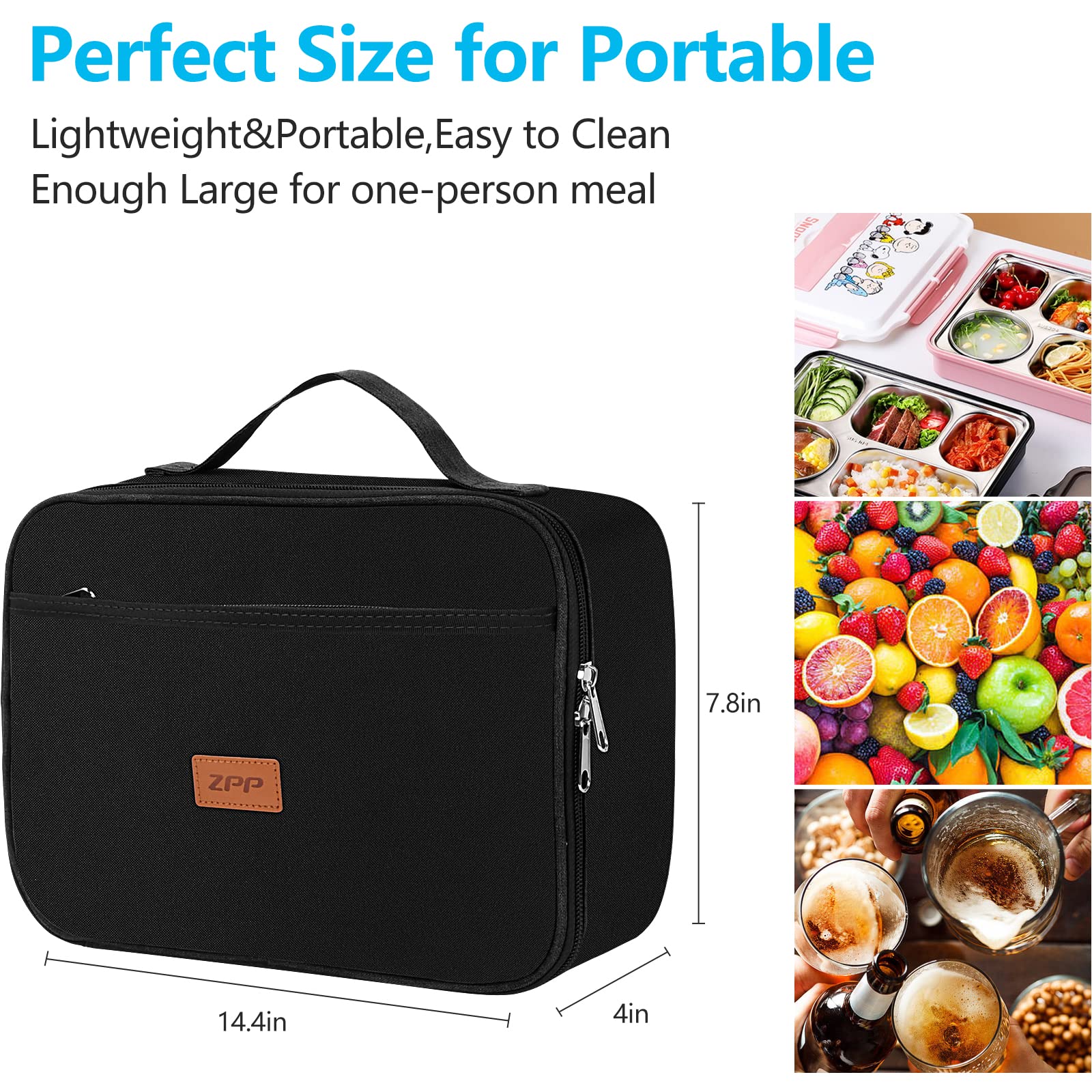 ZPP Unisex Lunch Box for Men and Women, Durable Soft Bag, Freezable, Reusable, Waterproof, 11.4"L x 7.8"W x 4"H, Black