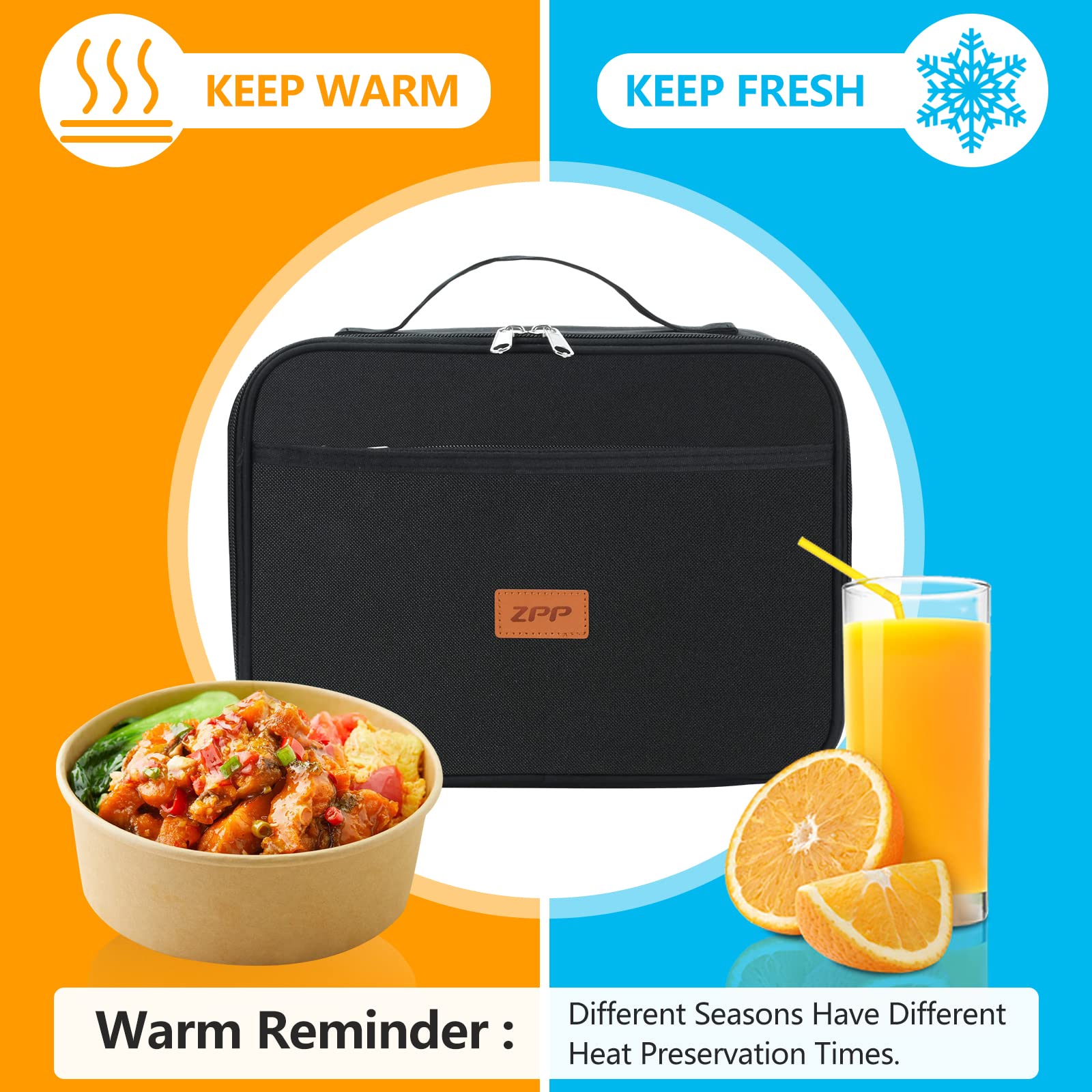 ZPP Unisex Lunch Box for Men and Women, Durable Soft Bag, Freezable, Reusable, Waterproof, 11.4"L x 7.8"W x 4"H, Black