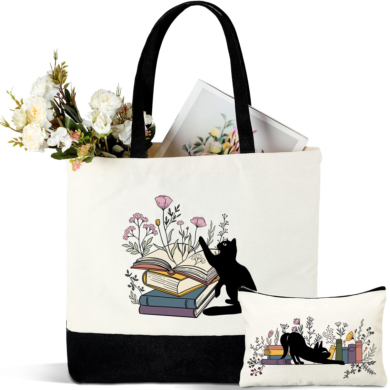 Cunno 2 Pcs Book Lovers Gifts Set Cat Tote Bags with Makeup Bag Aesthetic Floral Bags for Teacher Appreciation Gift Set(Cat)