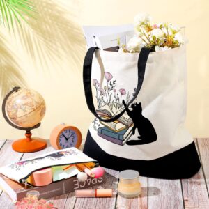 Cunno 2 Pcs Book Lovers Gifts Set Cat Tote Bags with Makeup Bag Aesthetic Floral Bags for Teacher Appreciation Gift Set(Cat)