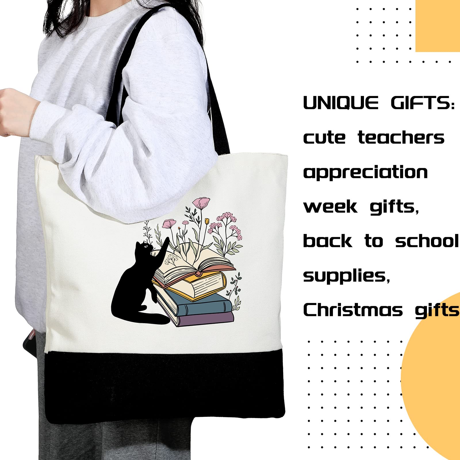 Cunno 2 Pcs Book Lovers Gifts Set Cat Tote Bags with Makeup Bag Aesthetic Floral Bags for Teacher Appreciation Gift Set(Cat)