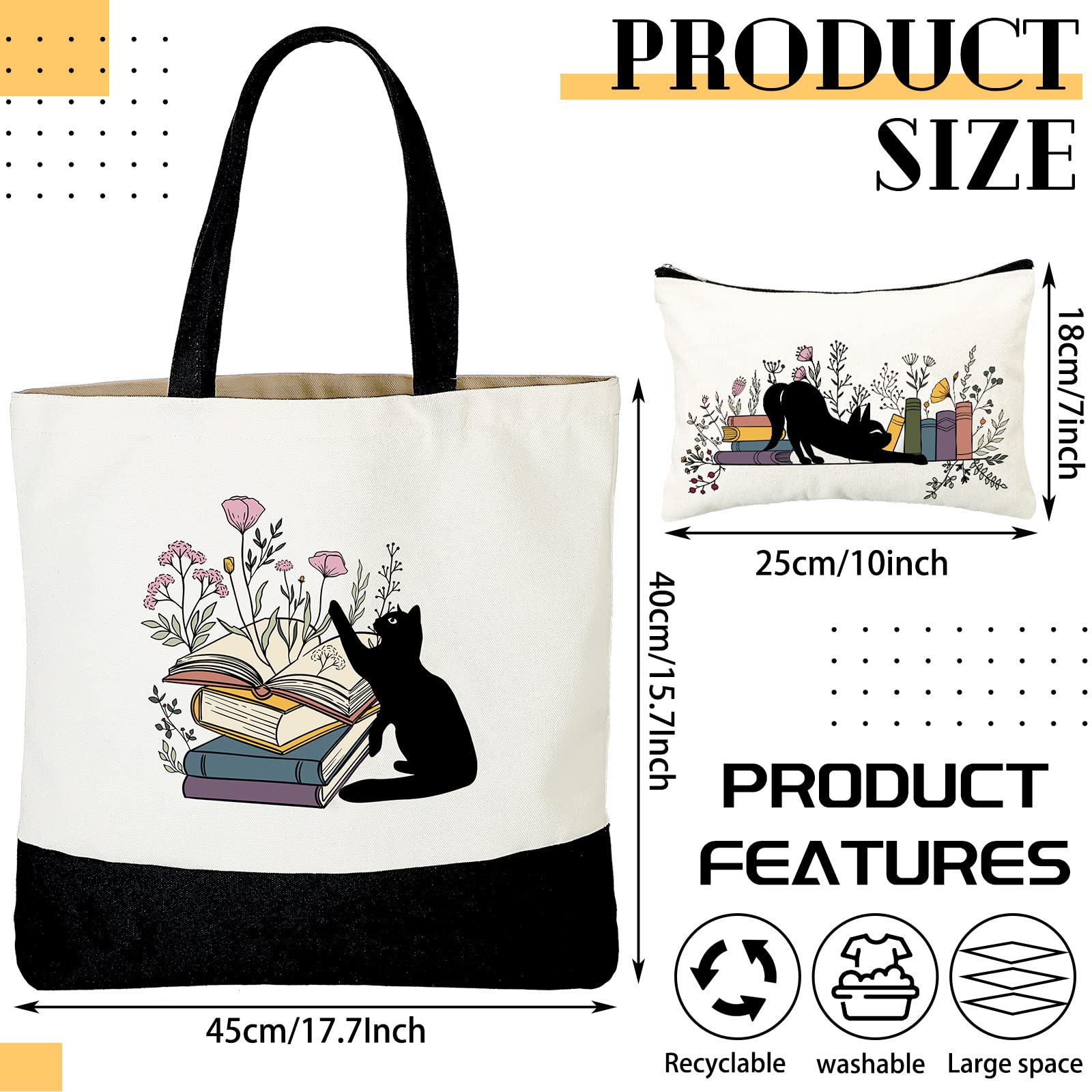 Cunno 2 Pcs Book Lovers Gifts Set Cat Tote Bags with Makeup Bag Aesthetic Floral Bags for Teacher Appreciation Gift Set(Cat)