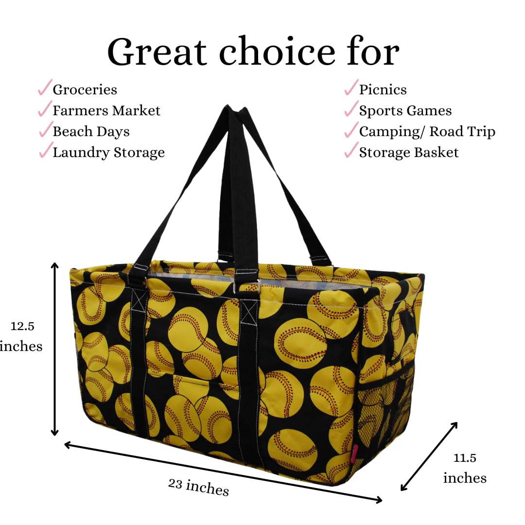 NGIL Extra Large Utility Tote Reusable Grocery Organizing Bag Oversized Collapsible for Storage, Picnic,Car, Beach (Softball-black)