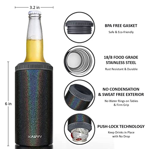 4 in 1 Insulated Slim Can Cooler with lid for 12 Oz Tall Skinny Can, Regular Can, Beer Bottle - Stainless Steel Double Walled Can Insulator Beer Coozy for Cans Koozie Coozies (Glitzy Black)