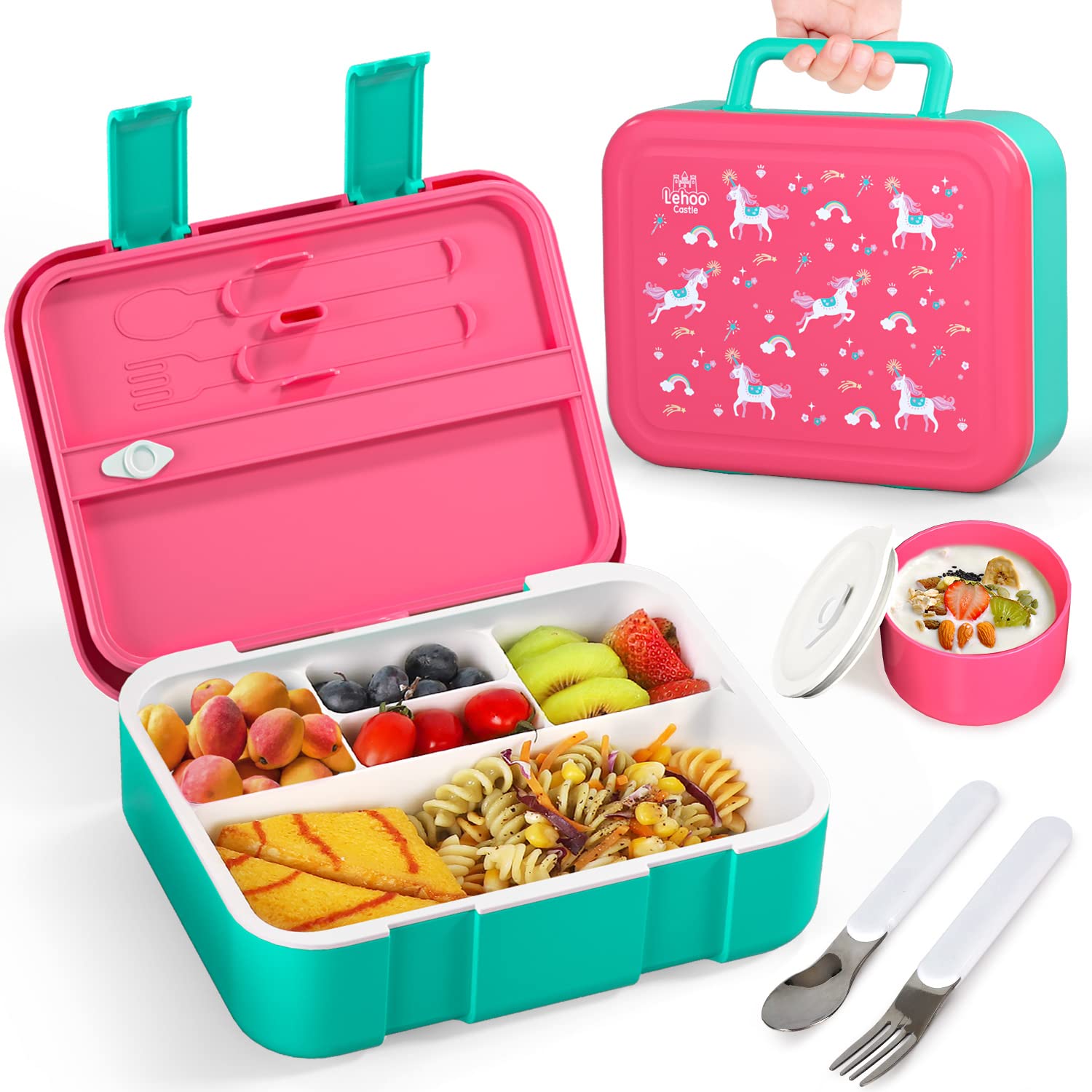 Bento Lunch Box for Kids, 1250ml, with 5 Compartments, Spoon, Fork, Sauce Jar, Leak Proof, BPA-Free, Sizes for Boys and Girls Ages 3 to 7 (Rose-Unicorn)