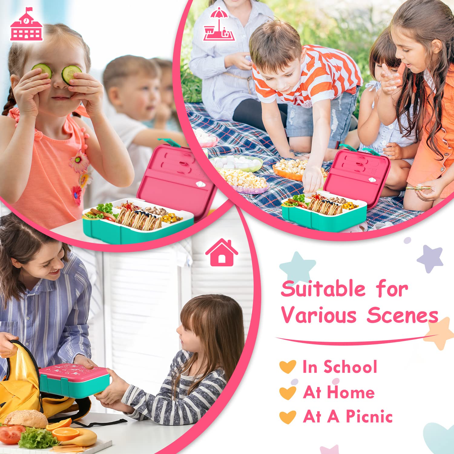 Bento Lunch Box for Kids, 1250ml, with 5 Compartments, Spoon, Fork, Sauce Jar, Leak Proof, BPA-Free, Sizes for Boys and Girls Ages 3 to 7 (Rose-Unicorn)