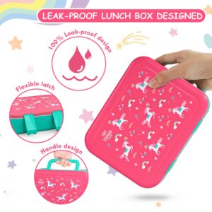 Bento Lunch Box for Kids, 1250ml, with 5 Compartments, Spoon, Fork, Sauce Jar, Leak Proof, BPA-Free, Sizes for Boys and Girls Ages 3 to 7 (Rose-Unicorn)