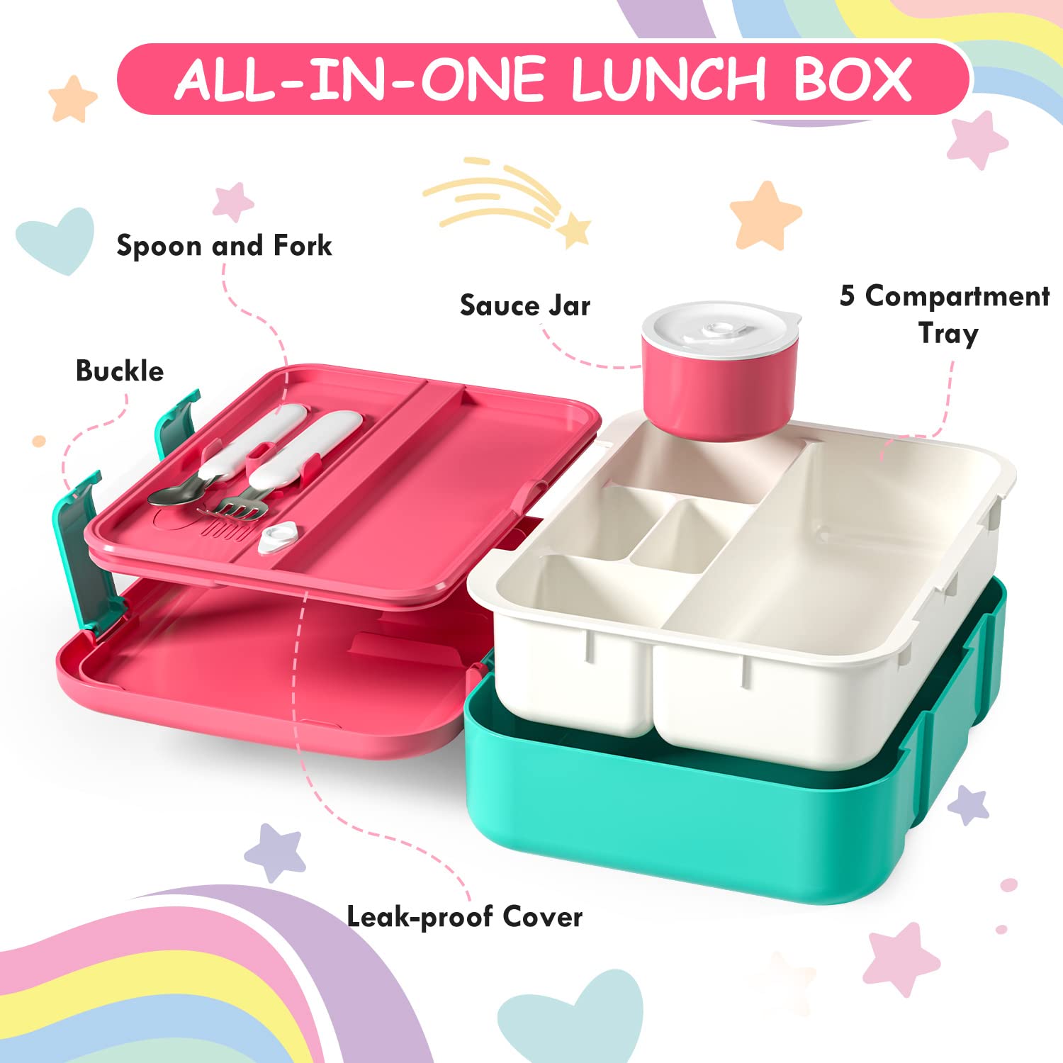 Bento Lunch Box for Kids, 1250ml, with 5 Compartments, Spoon, Fork, Sauce Jar, Leak Proof, BPA-Free, Sizes for Boys and Girls Ages 3 to 7 (Rose-Unicorn)