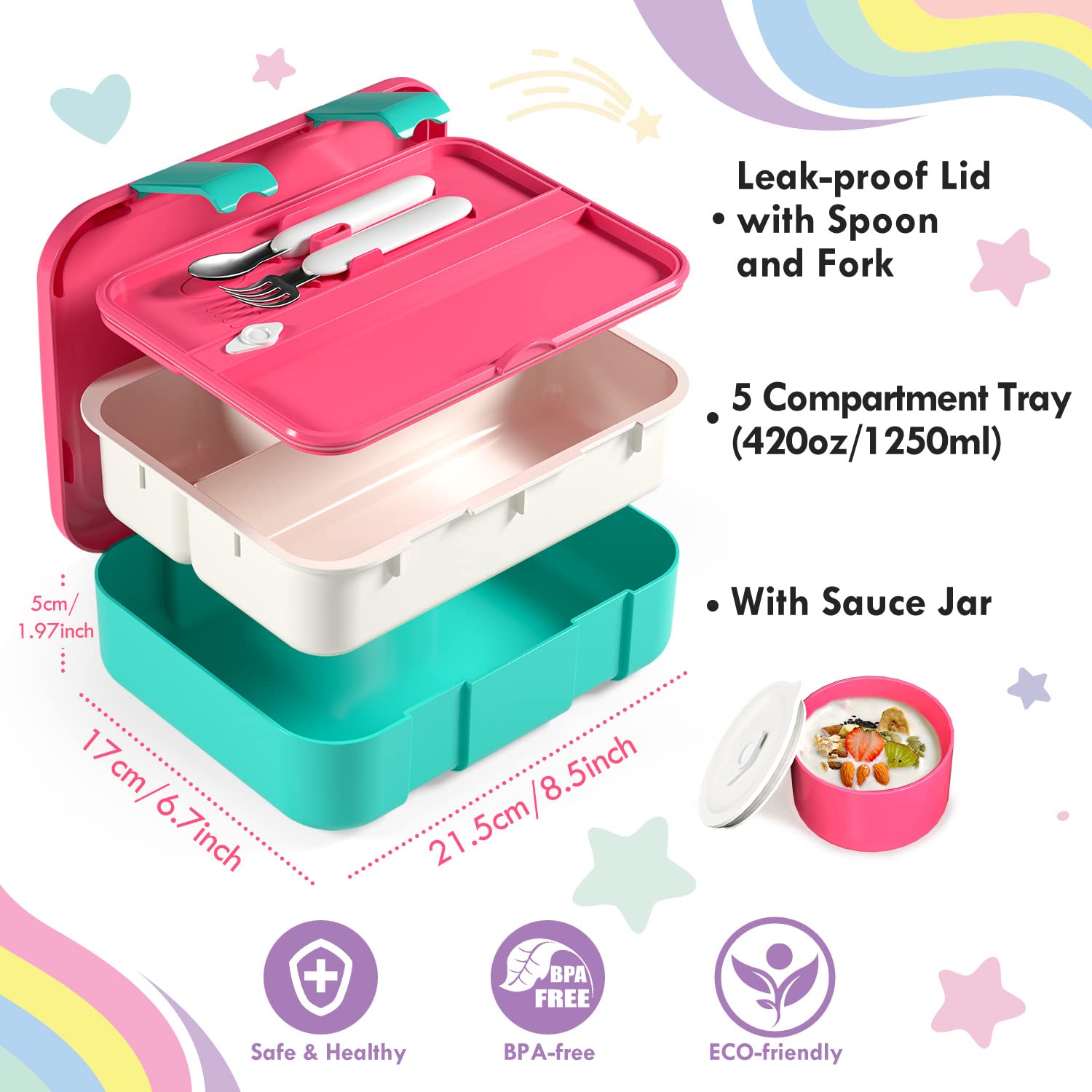 Bento Lunch Box for Kids, 1250ml, with 5 Compartments, Spoon, Fork, Sauce Jar, Leak Proof, BPA-Free, Sizes for Boys and Girls Ages 3 to 7 (Rose-Unicorn)