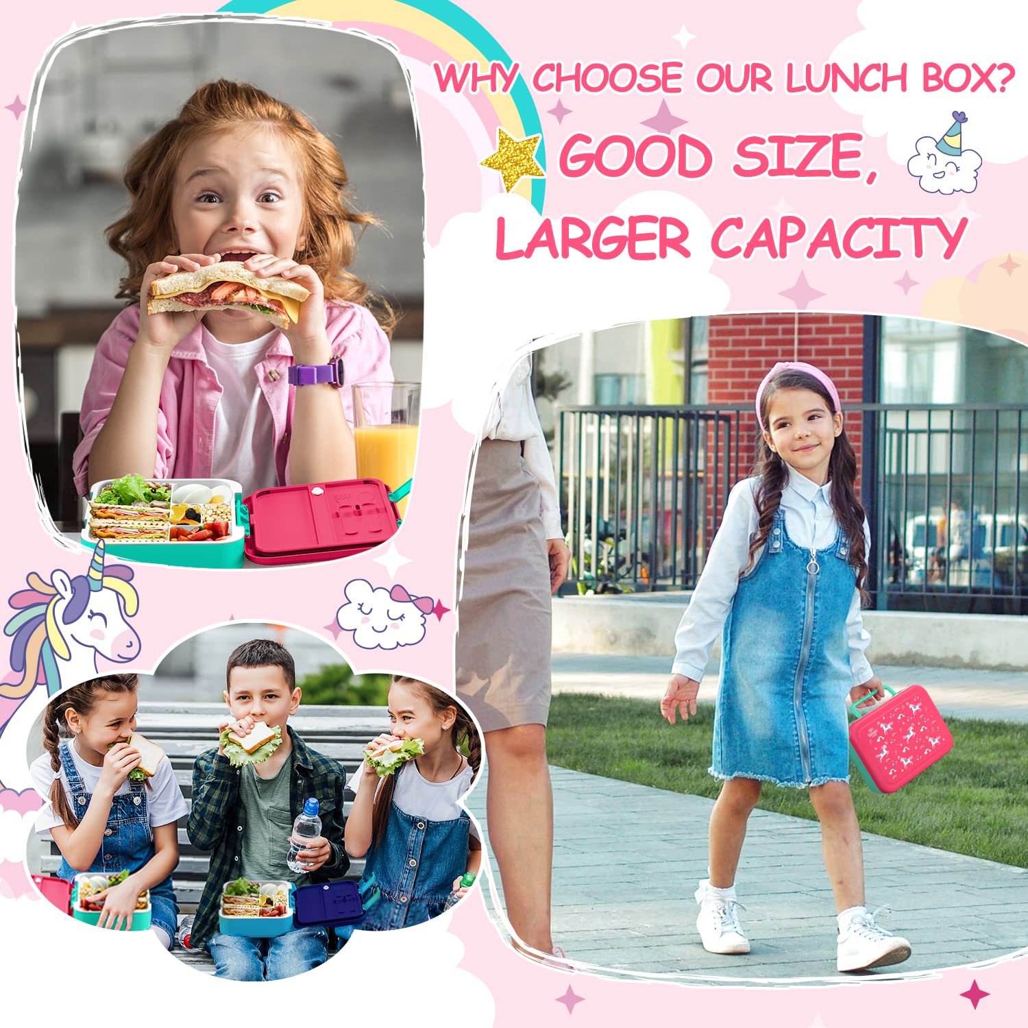 Bento Lunch Box for Kids, 1250ml, with 5 Compartments, Spoon, Fork, Sauce Jar, Leak Proof, BPA-Free, Sizes for Boys and Girls Ages 3 to 7 (Rose-Unicorn)