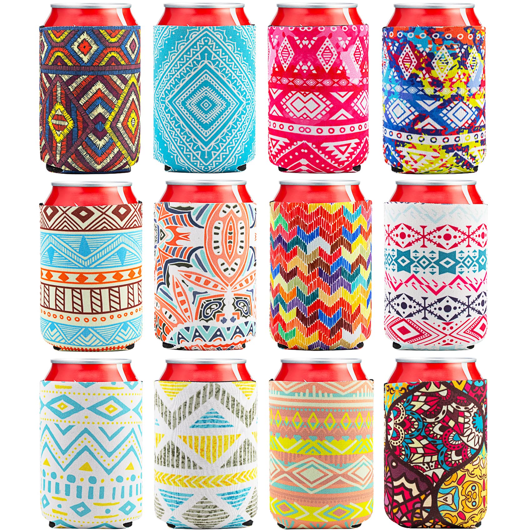 12 Pack Beer Can Coolers Sleeves Neoprene Drink Cooler Sleeves,for Standard 12 Ounce Cans Beer Coolers for Parties, Events or Gift (Bohemian style)