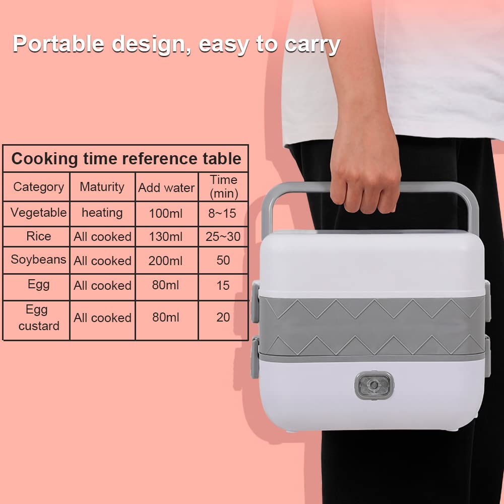 Portable Self Cooking Electric Lunch Box, Mini Rice Cooker, 2 Layers 4 Stainless Steel Steamer Food Insulation Lunch Box for Home Office Dormitory Travel Outdoor Kitchen Cook Raw Food, 2L/110V/200W