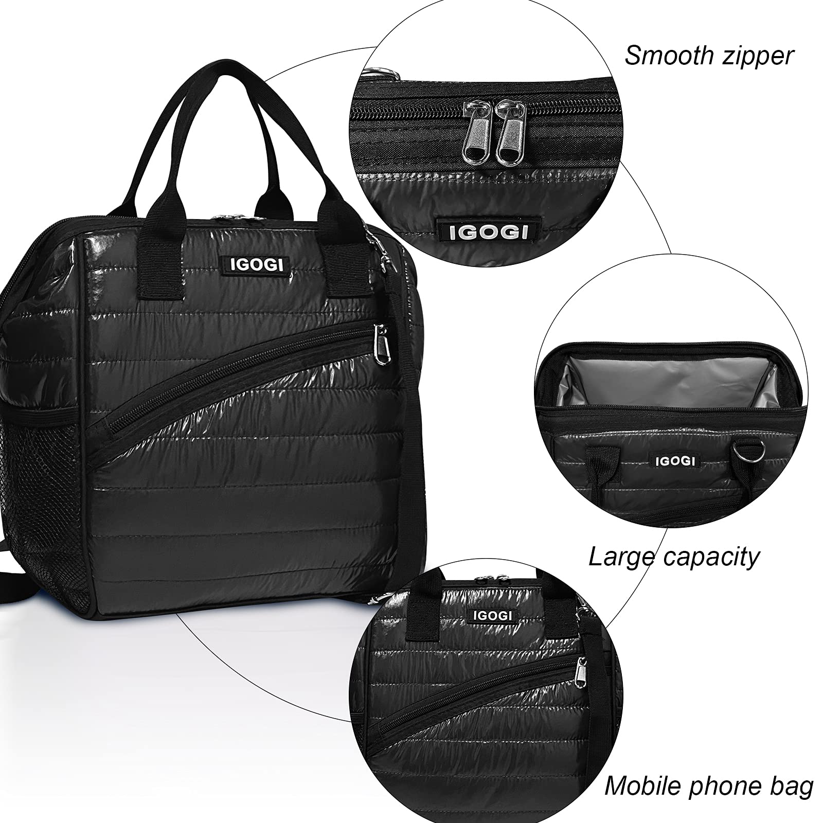 Lunch Bag with Leak Proof Material, Insulated Lunch Box for women/men, Tote Cooler Bag for Work/Picnic/Hiking/Beach/Fishing (Quilted Black)