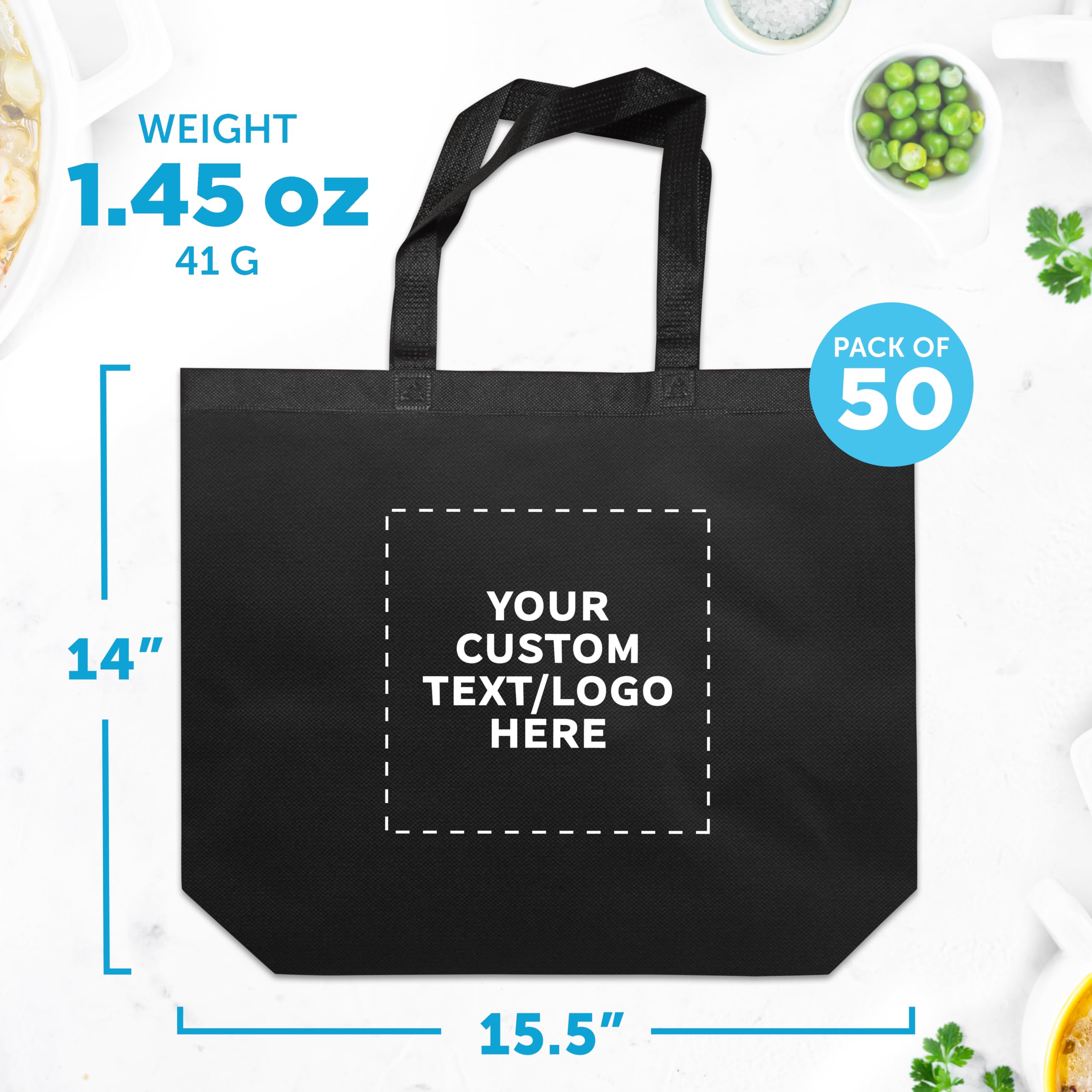 DISCOUNT PROMOS Custom Jumbo Sized Tote Bags Set of 50, Personalized Bulk Pack - Reusable Grocery Bags, Shopping Bags, Promotional Item Totes for Women - Black