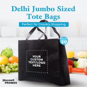 DISCOUNT PROMOS Custom Jumbo Sized Tote Bags Set of 50, Personalized Bulk Pack - Reusable Grocery Bags, Shopping Bags, Promotional Item Totes for Women - Black