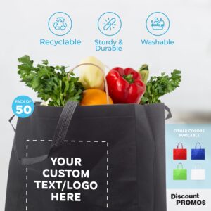 DISCOUNT PROMOS Custom Jumbo Sized Tote Bags Set of 50, Personalized Bulk Pack - Reusable Grocery Bags, Shopping Bags, Promotional Item Totes for Women - Black