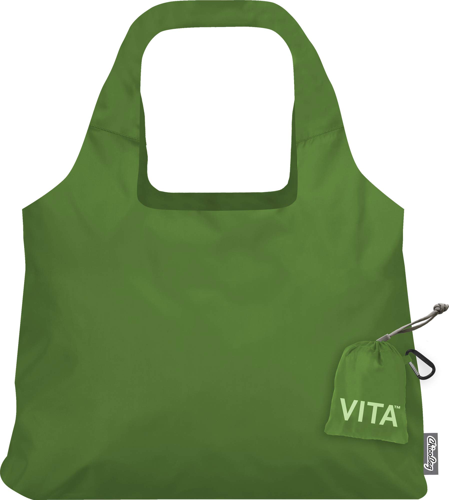 ChicoBag VITA Reusable Shopping Bag with Attached Pouch and Carabiner Clip, Compact, Designer Shoulder Tote, Pale Green