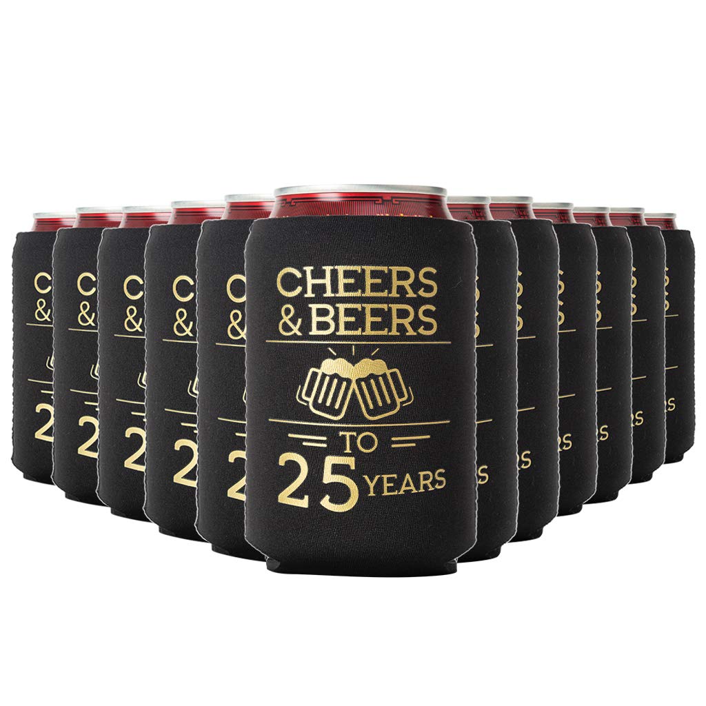 Cheers & Beers to 25 Years Can Coolers 25th Birthday Party Coolies, Set of 12, Black and Gold Can Coolers, Perfect for Birthday Parties, Birthday Decorations