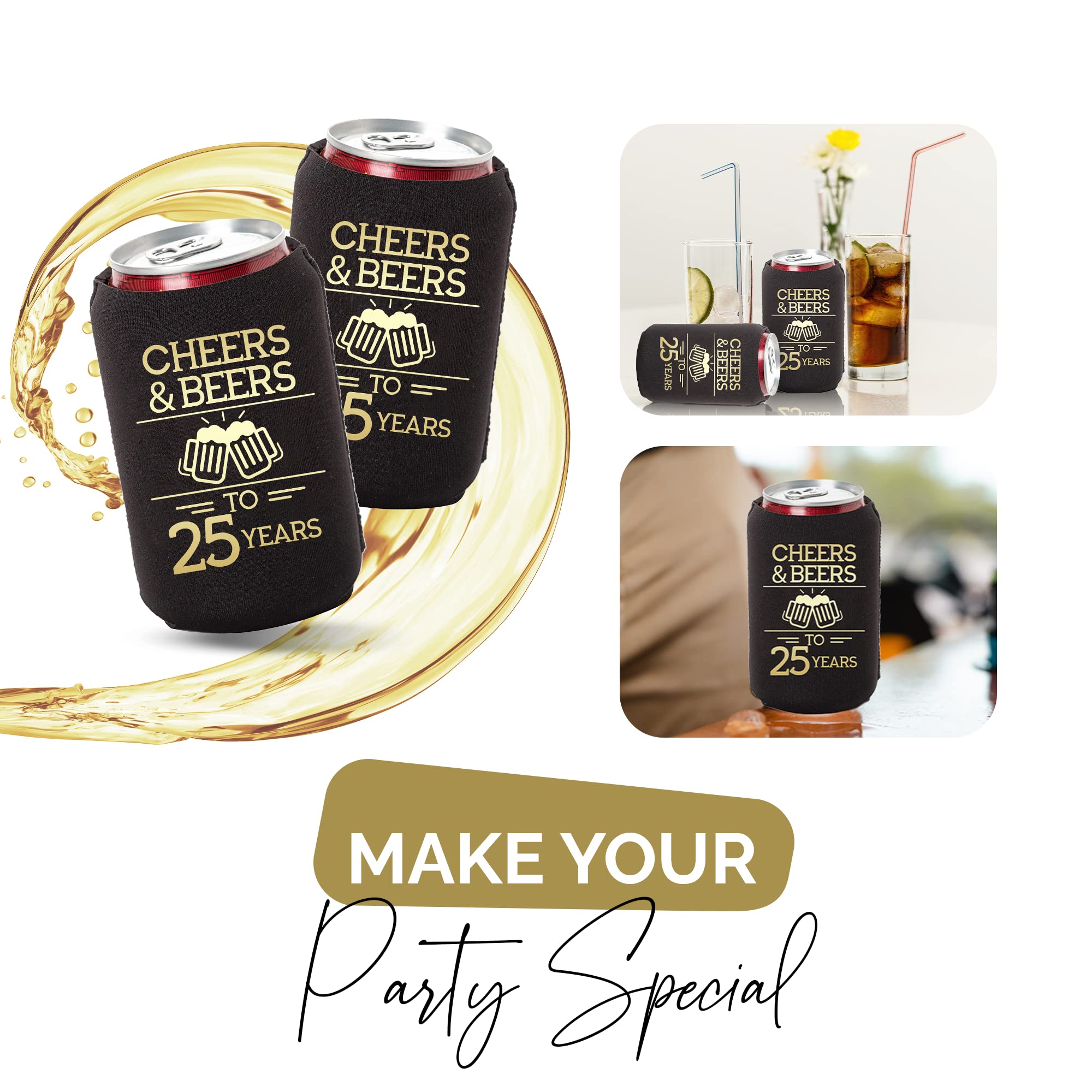 Cheers & Beers to 25 Years Can Coolers 25th Birthday Party Coolies, Set of 12, Black and Gold Can Coolers, Perfect for Birthday Parties, Birthday Decorations