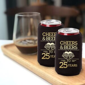 Cheers & Beers to 25 Years Can Coolers 25th Birthday Party Coolies, Set of 12, Black and Gold Can Coolers, Perfect for Birthday Parties, Birthday Decorations