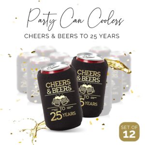 Cheers & Beers to 25 Years Can Coolers 25th Birthday Party Coolies, Set of 12, Black and Gold Can Coolers, Perfect for Birthday Parties, Birthday Decorations