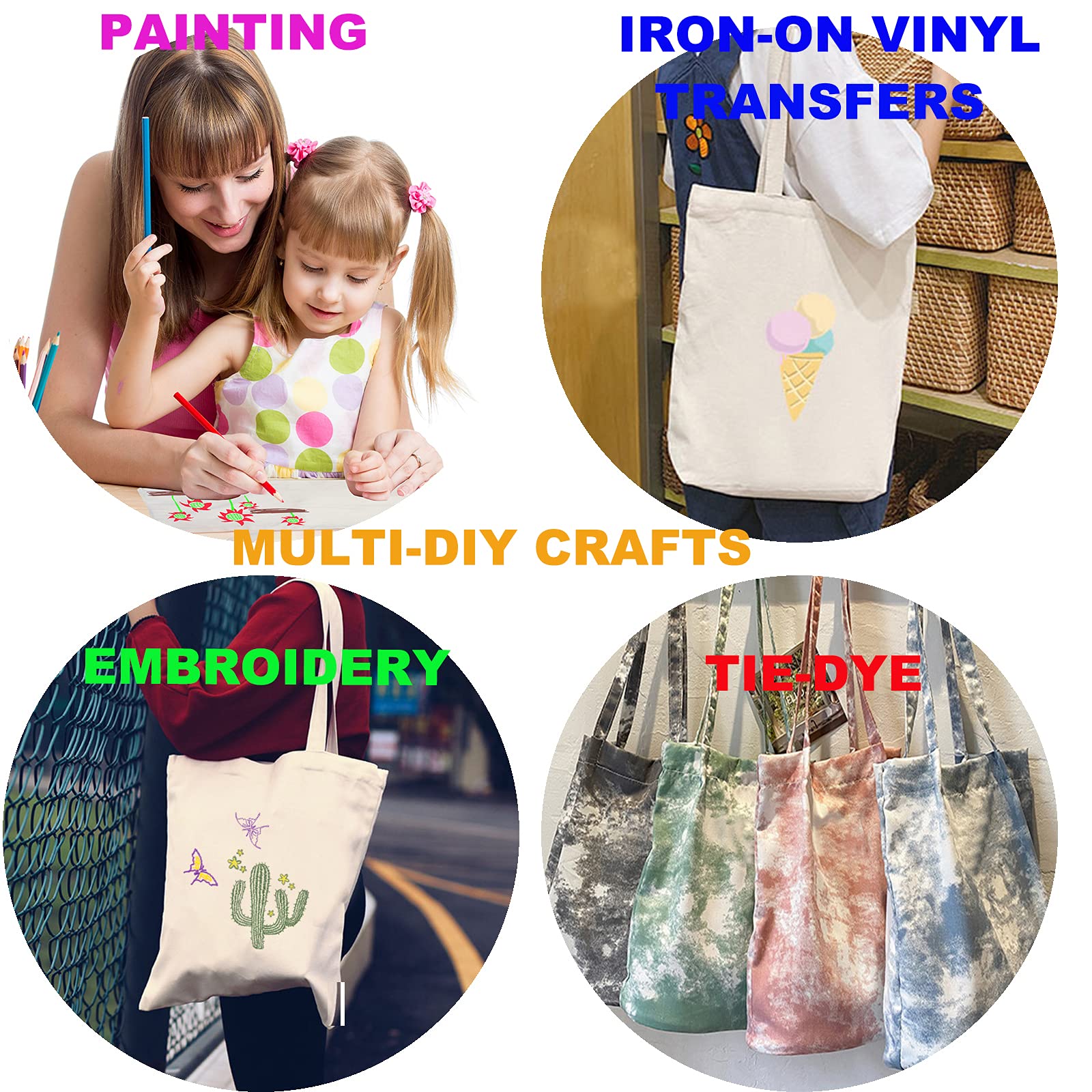 Veyist 4 Pcs Reusable Large Canvas Tote Bags, Blank Multi-purpose Canvas Bags, Suitable for DIY Project, Grocery Bags, Shopping Bags, Book Bags, Gift Bags. Cotton bags. (Size: 15.7''x15.7''x4.7'')