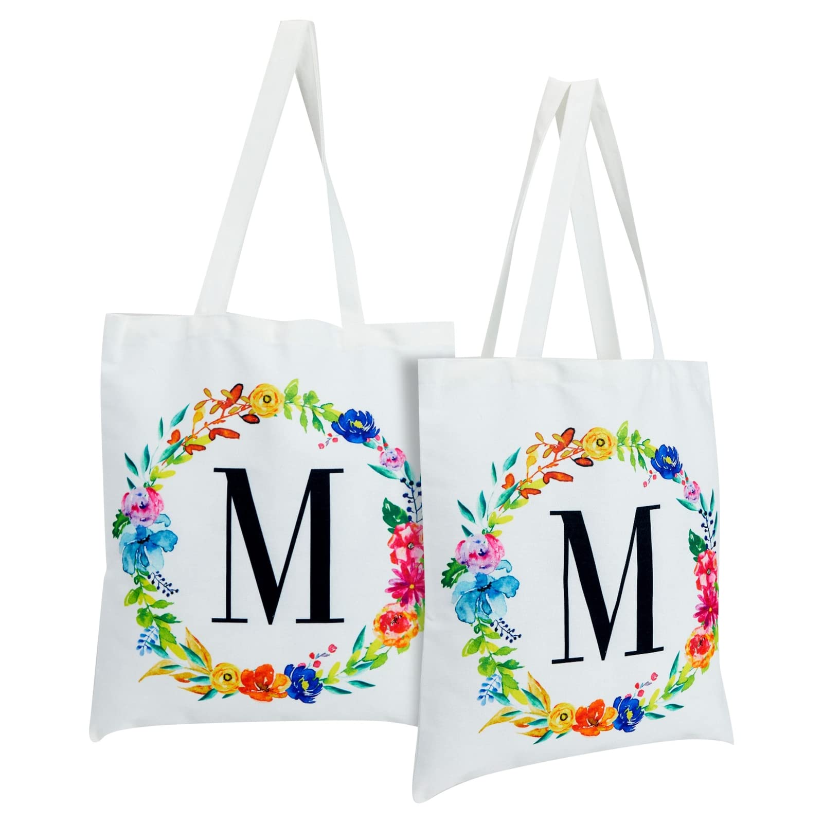 Okuna Outpost Set of 2 Reusable Monogram Letter M Personalized Canvas Tote Bags for Women, Floral Design (29 Inches)