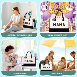 MAMA Tote Bag Mothers Day Gifts for New Mom, Pregnant Women, Canvas Mommy Bag with Zipper, Hospital Bag Essentials for Labor and Delivery, Pregnancy Gifts for Expecting First Time Mom