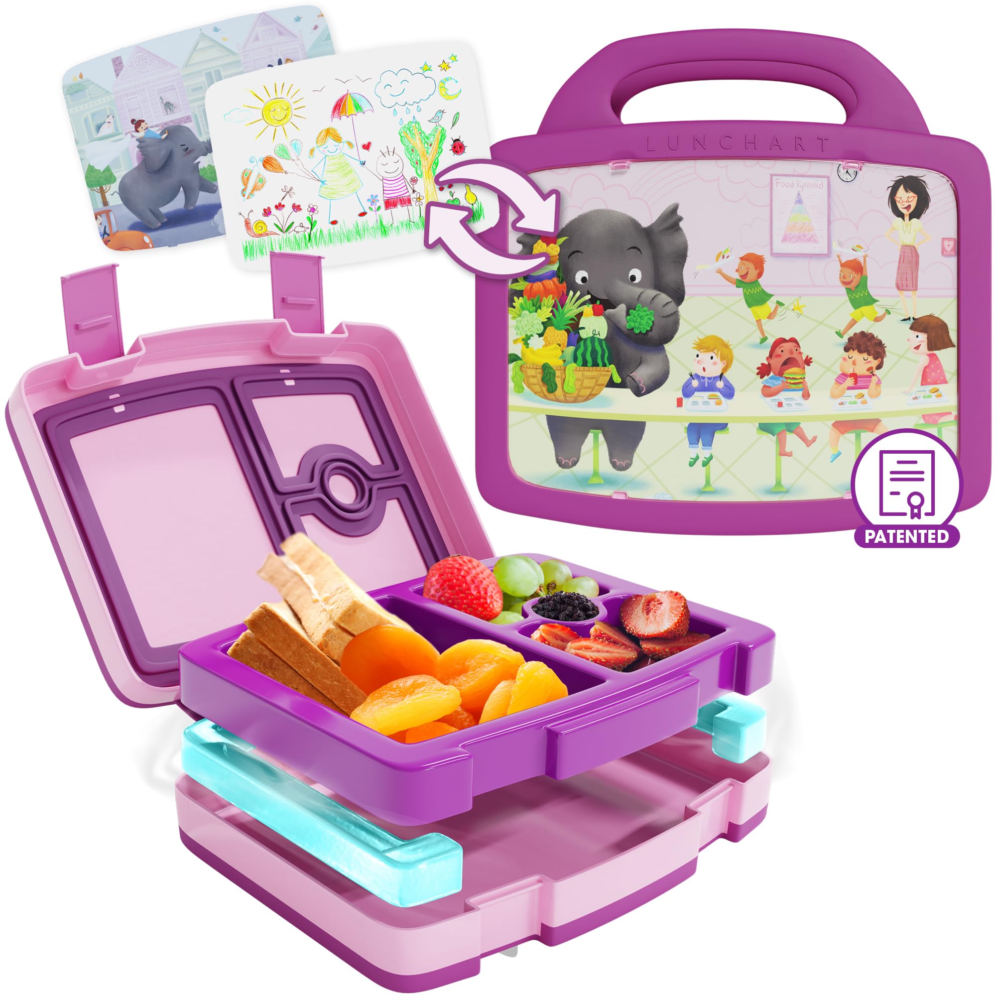 LUNCHART Lunch Box for Kids - Insulated Bento Lunch Box with Art Inserts and Cooler Compartment for Ice Packs - Dishwasher Safe, Removable Tray - Mess-Free Lunch Containers for Kids