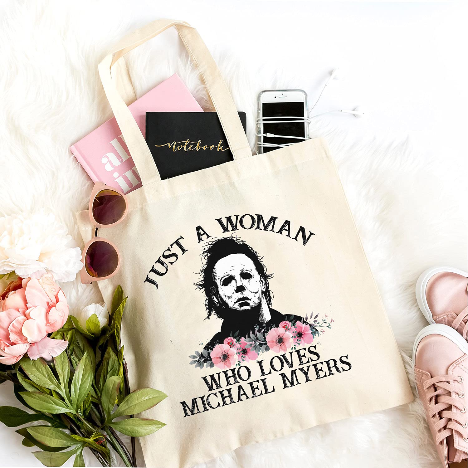 Just A Woman Who Loves Michael Myers Flowers Halloween Shoulder Bag Scary Movie Cotton Reusable Tote Bag (Beige), 13.5 x 15.8 inches