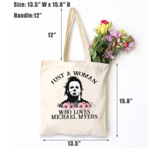 Just A Woman Who Loves Michael Myers Flowers Halloween Shoulder Bag Scary Movie Cotton Reusable Tote Bag (Beige), 13.5 x 15.8 inches