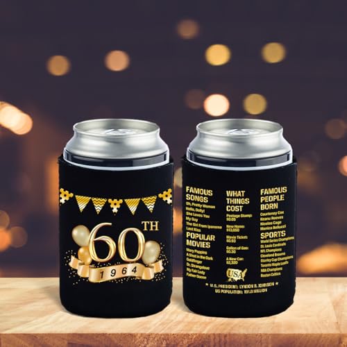 60th Birthday Can Cooler Sleeves Pack of 12-1964 Sign -60th Anniversary Decorations - Dirty 60th Birthday Party Supplies - Black and Gold Sixtieth Birthday Cup Coolers