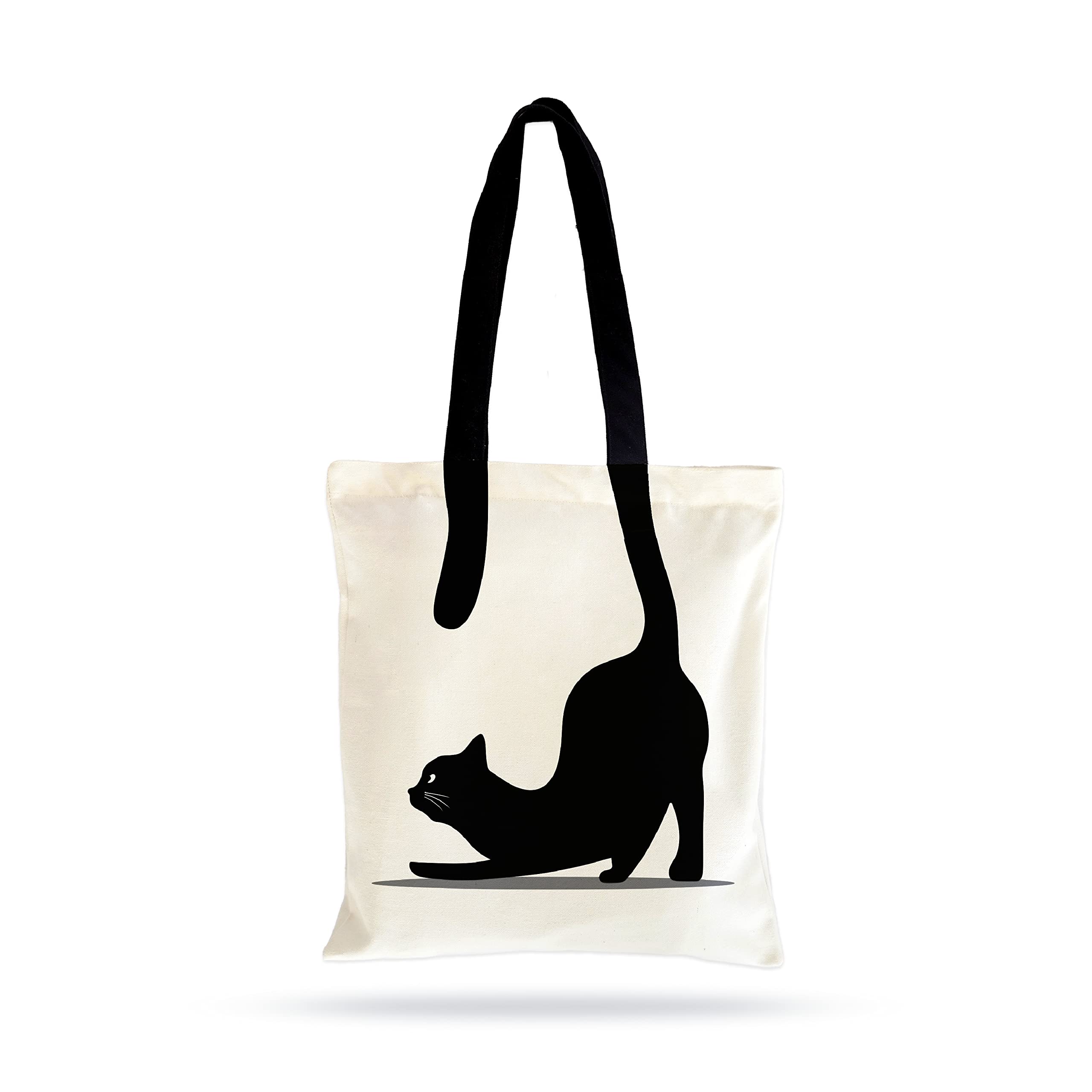 Mellow Buff Cotton Silhoutte Tote Bag Shopping Bag, Extra strong Zip With Inner Pocket, Reusable - Set of 1 | Cat Design Printed