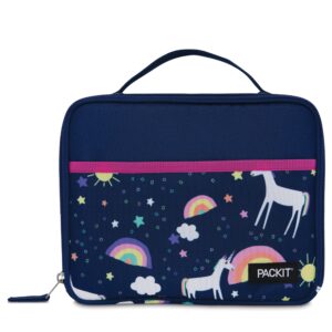 packit freezable classic lunch box, unicorn sky navy, built with ecofreeze technology, collapsible, reusable, zip closure with zip front pocket and buckle handle, great for lunches