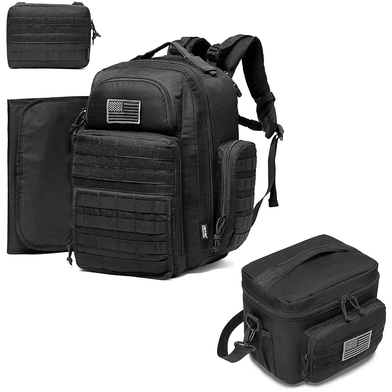 DBTAC Military Style Diaper Bag (Black) + Tactical Lunch Bag (Black), Durable Material with Large capacity, Multi-functional Design