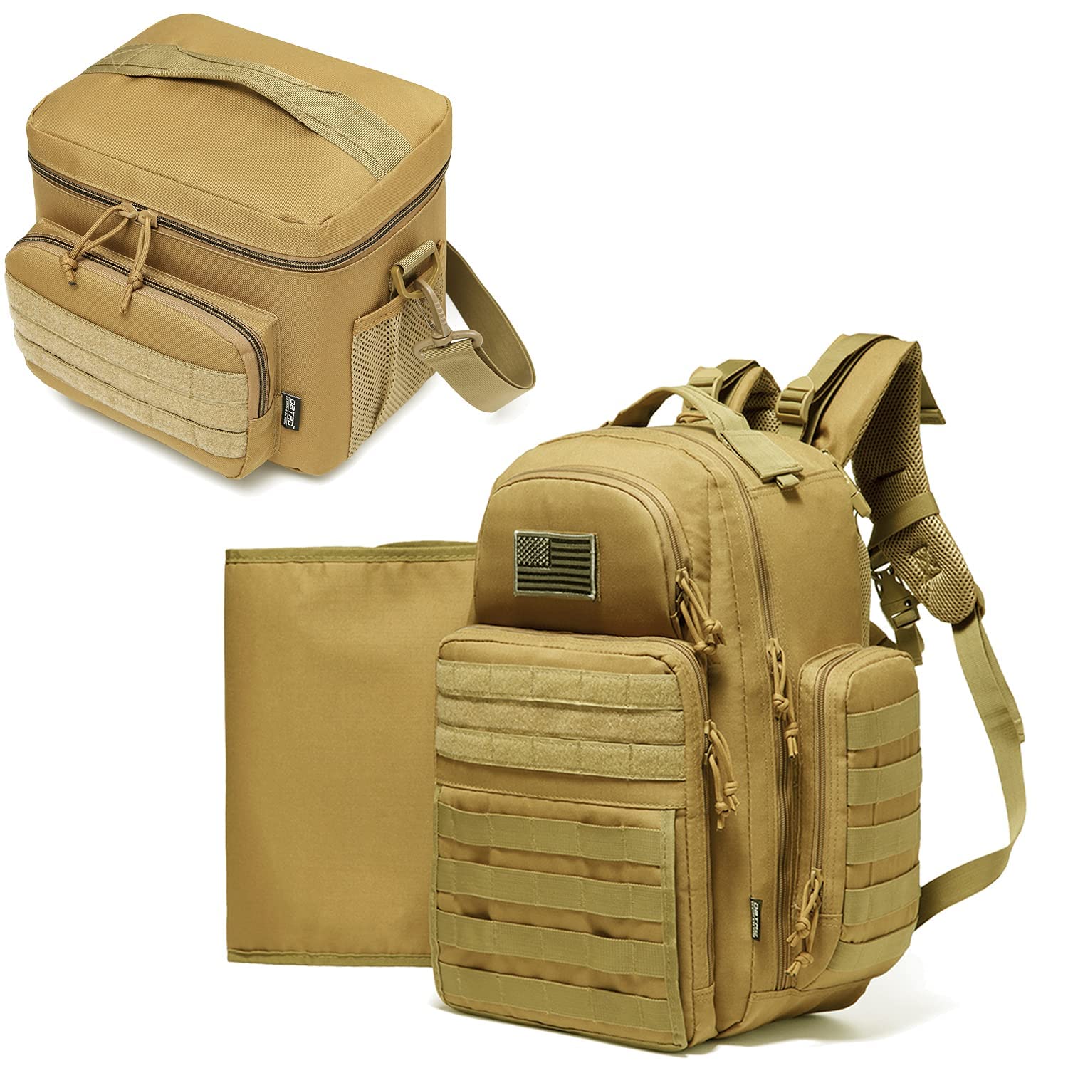 DBTAC Military Style Diaper Bag (Tan) + Tactical Lunch Bag (Tan), Durable Material with Large capacity, Multi-functional Design