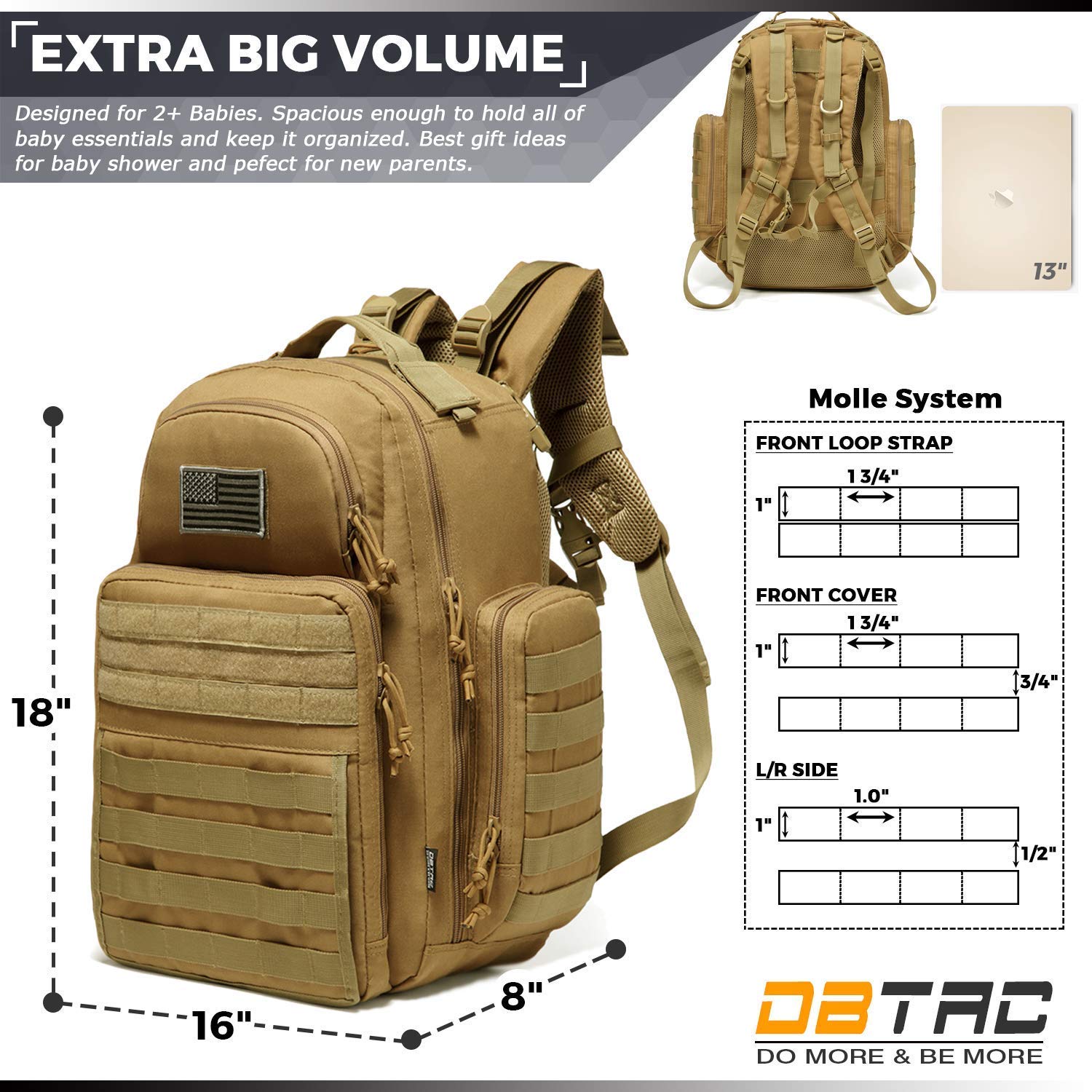 DBTAC Military Style Diaper Bag (Tan) + Tactical Lunch Bag (Tan), Durable Material with Large capacity, Multi-functional Design